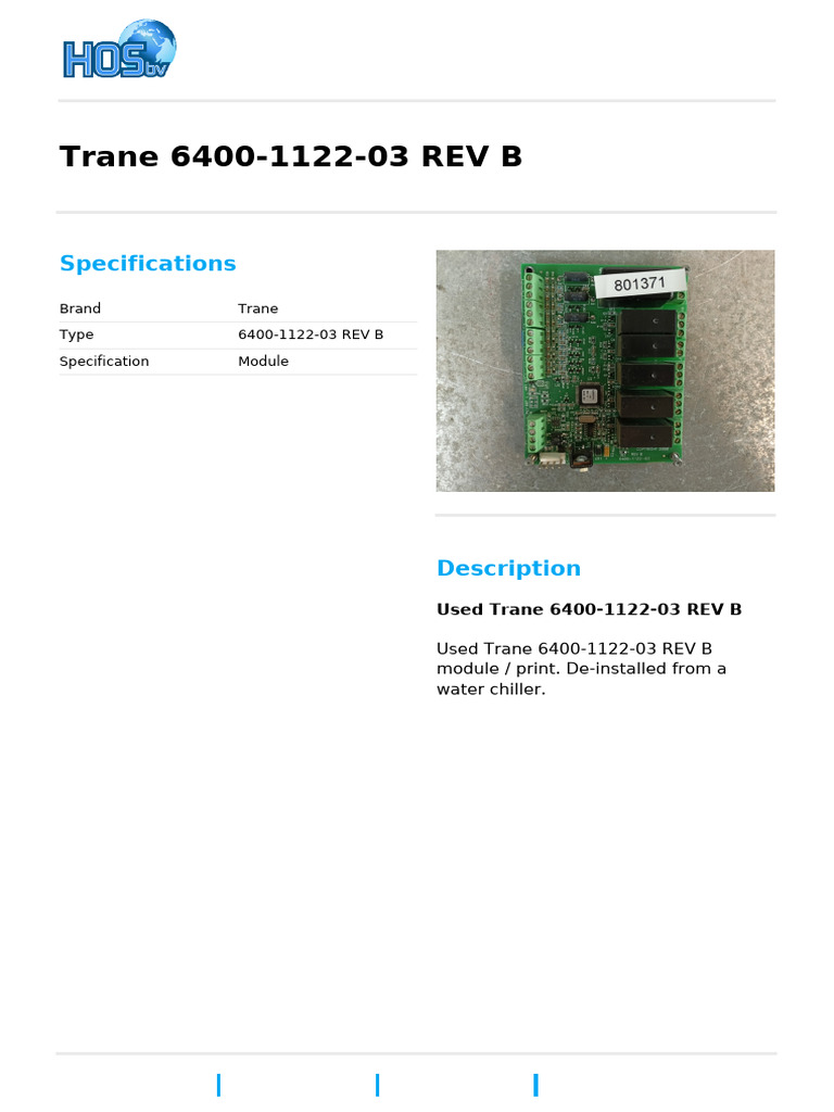 Trane 6400-1122-03 REV B - Product Sheet | PDF