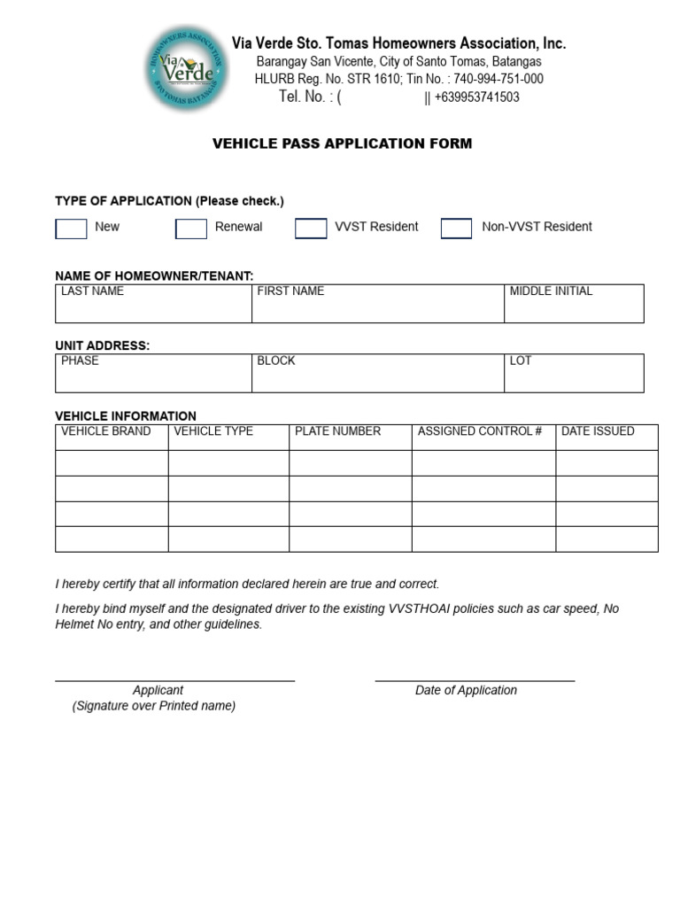 Vehicle Pass Application Form | PDF