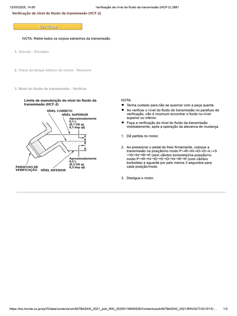 Verificação do Fluido HCF-2 na Transmissão | PDF