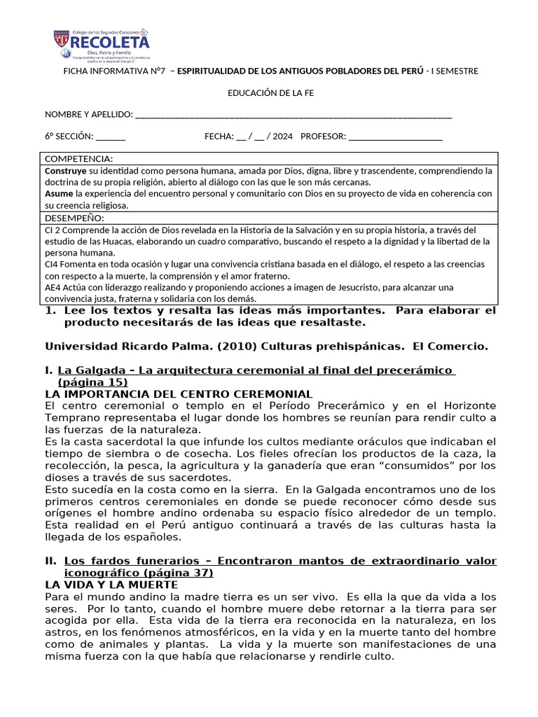 Ficha 7 - Lectura Espiritualidad de Loa Antiguos Pobladores | PDF | Pirámide
