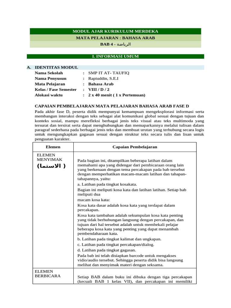 4. Modul Bahasa Arab 8 - Bab 4 - الرياضة | PDF