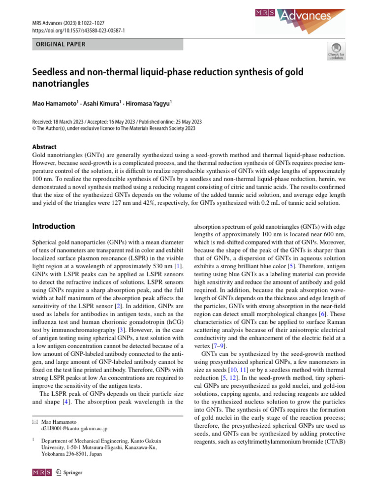 Seedless and Non-Thermal Liquid-Phase Reduction Synthesis of Gold ...