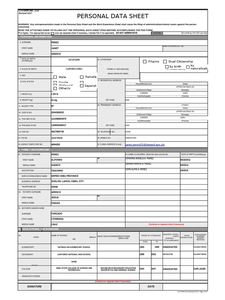 JAP2025-CS Form No. 212 Personal Data Sheet Revised | PDF | Government ...