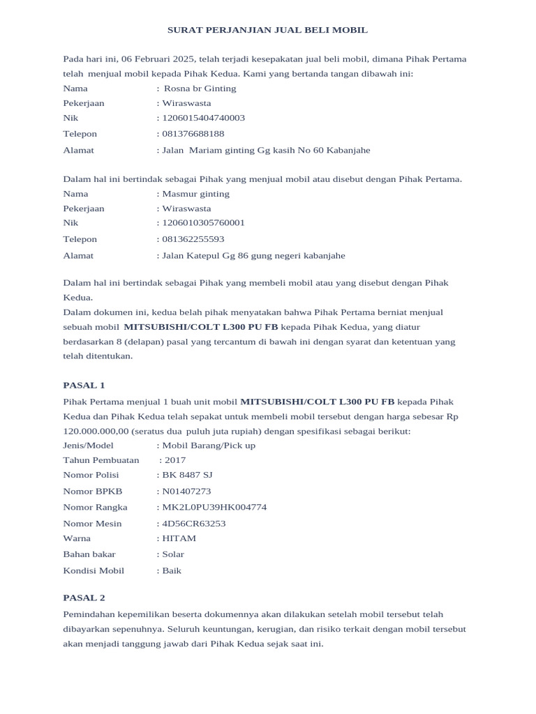 Surat Perjanjian Jual Beli Mobil (1) | PDF