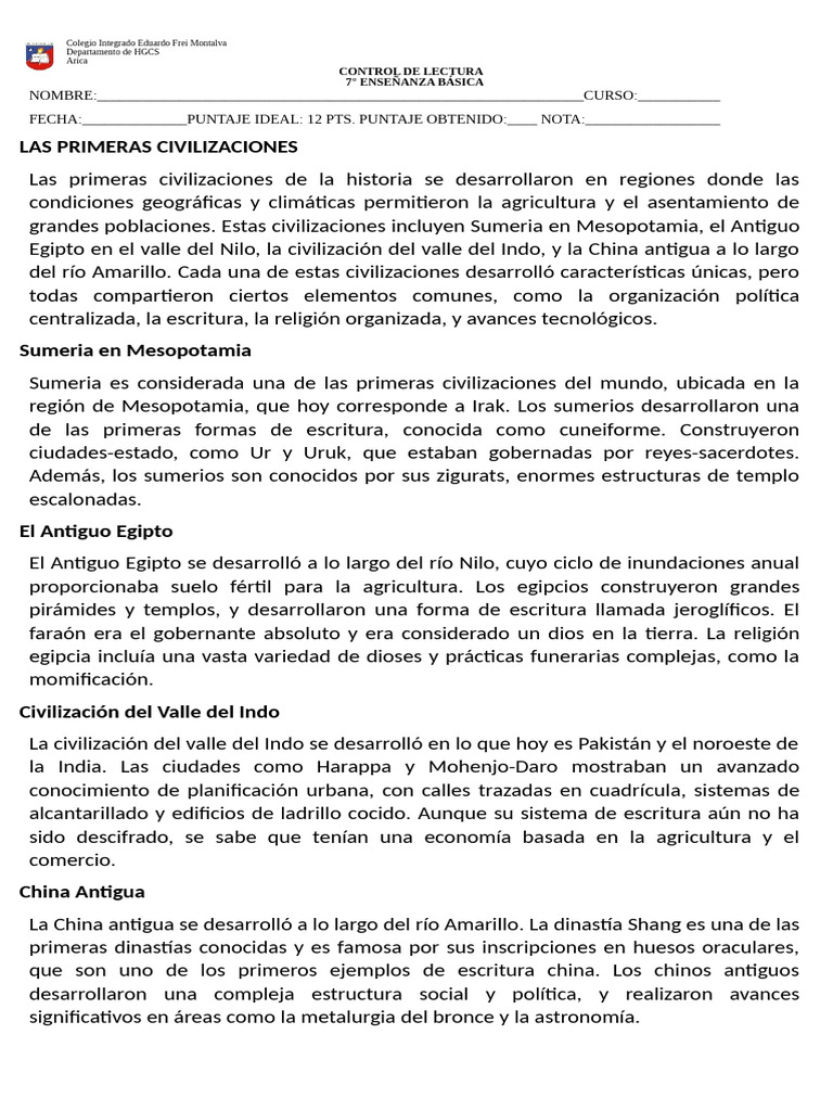 Control 7 Basico | PDF | Sumeria | Antiguo Egipto