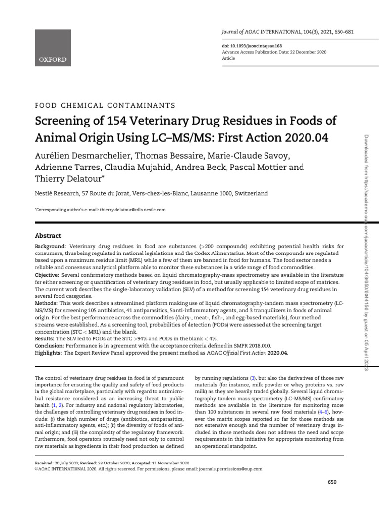 154 Veterinary Drug residue in food of AO using LCMSMS- AOAC 2020.04 | PDF | High Performance ...
