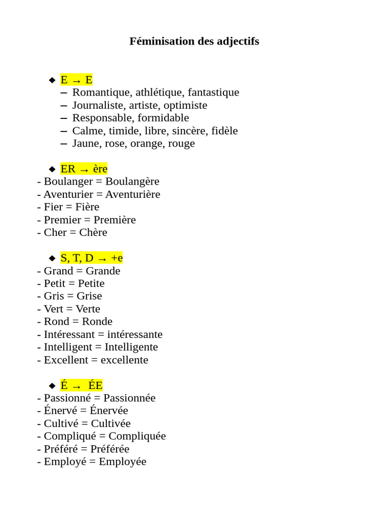 Féminisation des adjectifs et professions | PDF