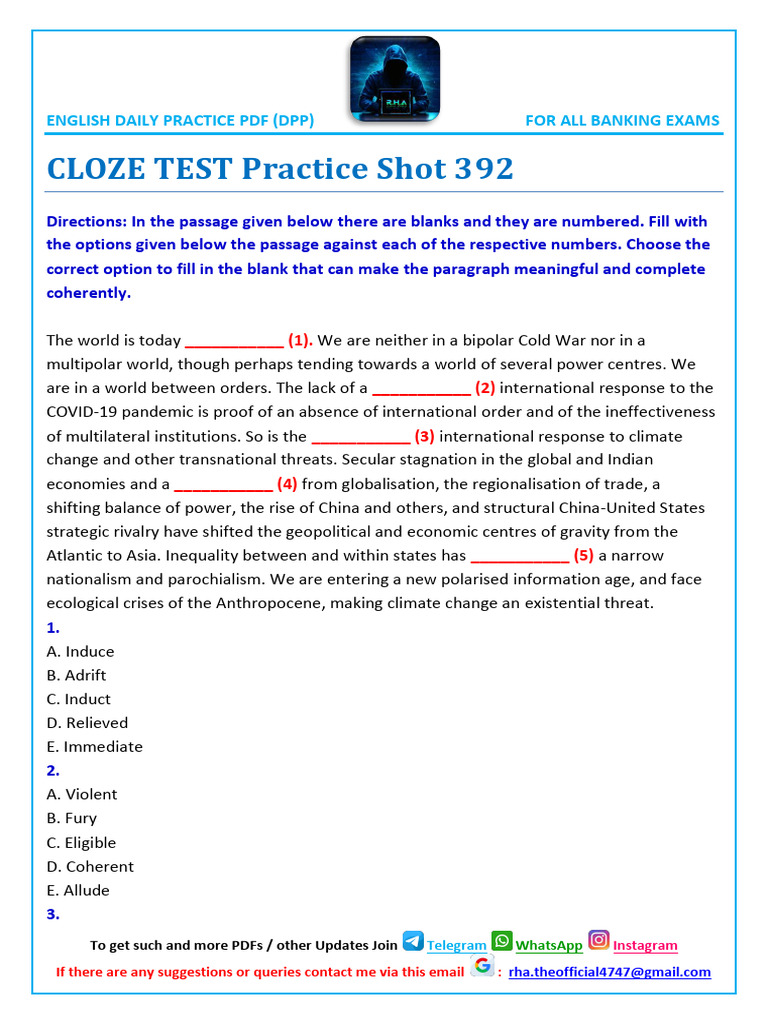 CLOZE TEST Practice Shot 392 | PDF