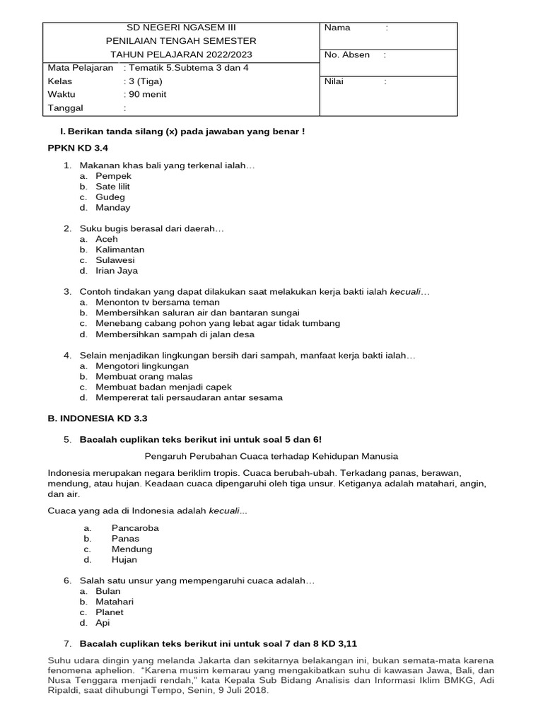 Soal Pts Kelas 3 Hari Ke 2 (Tema 5 Sub 3 4) | PDF
