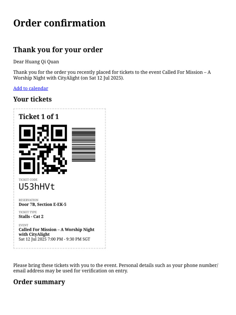 Order Confirmation - StarTix | PDF