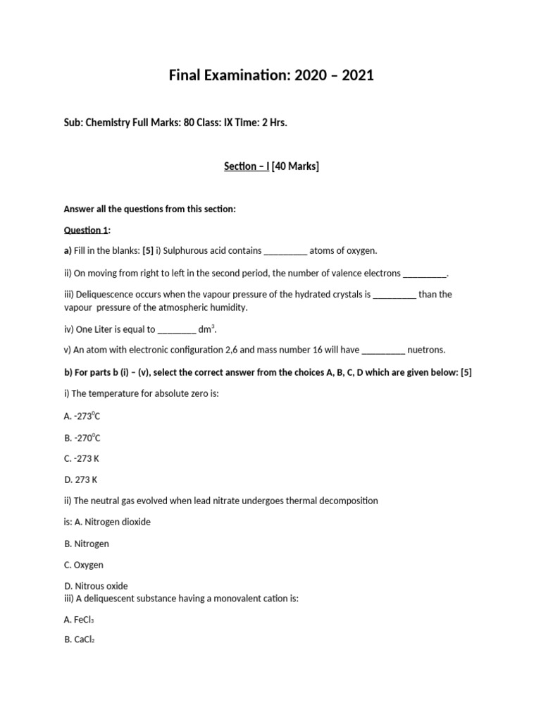 Chemistry Class IX Final 20 21 | PDF | Chemical Reactions | Chemical Elements