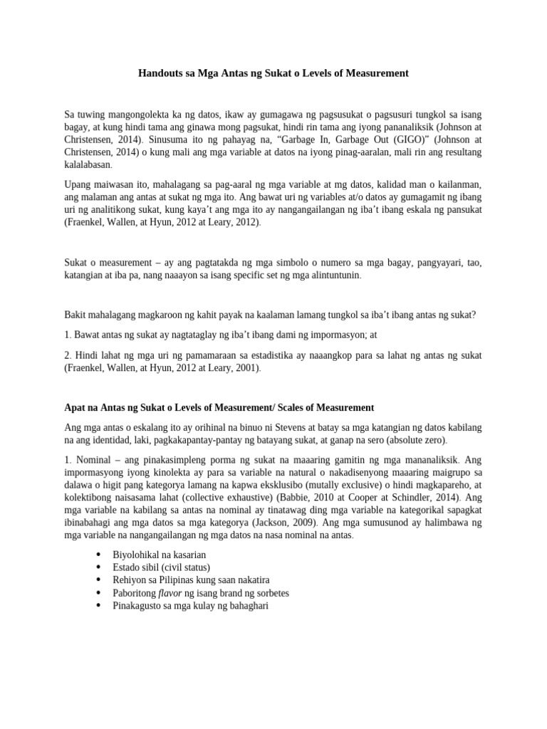 Handouts Sa Mga Antas NG Sukat o Levels of Measurement | PDF