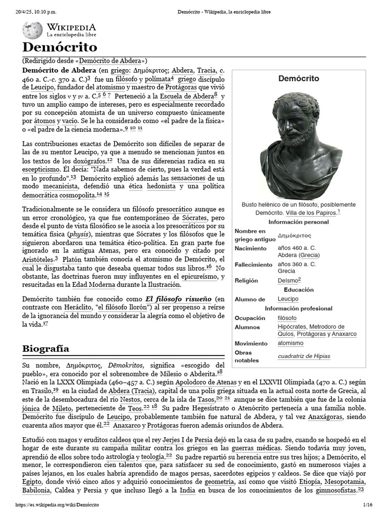 Biografía de Demócrito: Filósofo Atomista | PDF