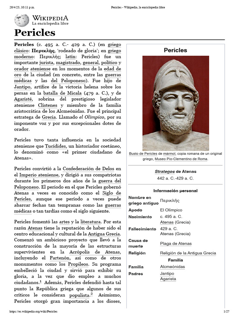 Pericles - Wikipedia, La Enciclopedia Libre | PDF | Esparta | Antiguedad clasica