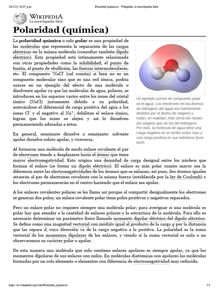 Polaridad (Química) - Wikipedia, La Enciclopedia Libre | PDF | Polaridad química | Química