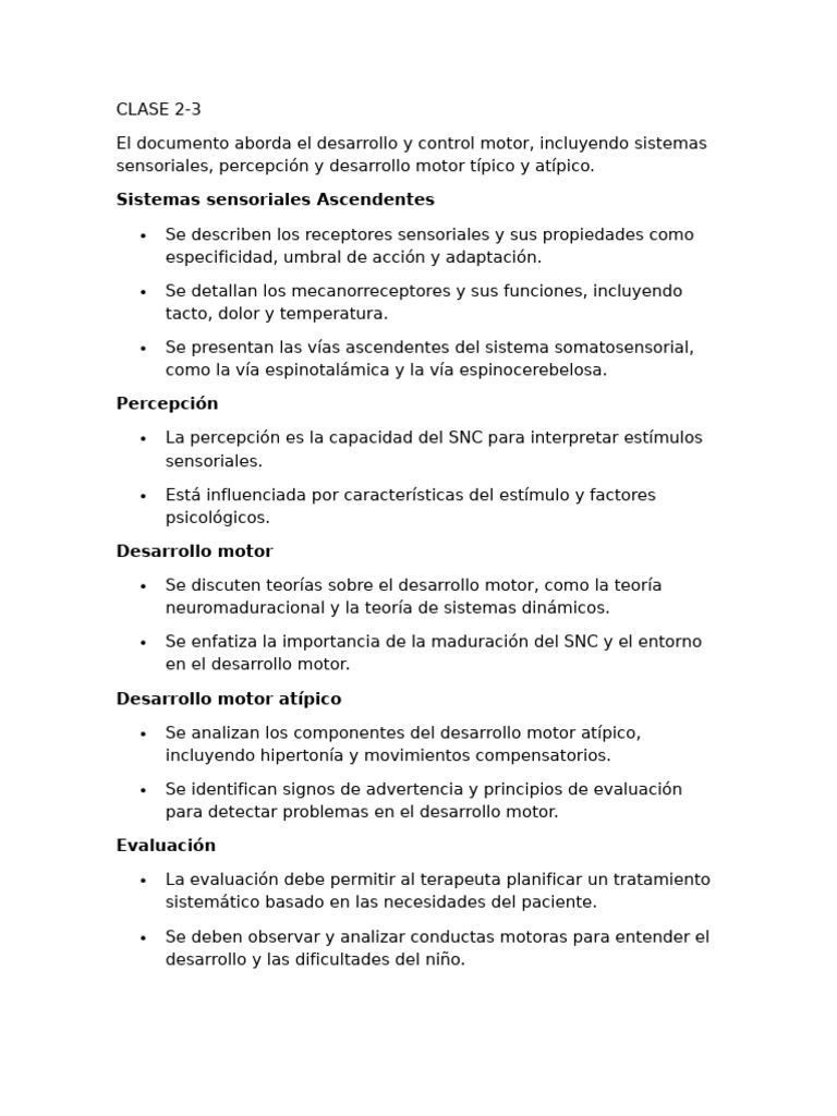 Resumen Clases 1 2 3 4 5 6 | PDF | Sistema somatosensorial | Parálisis cerebral
