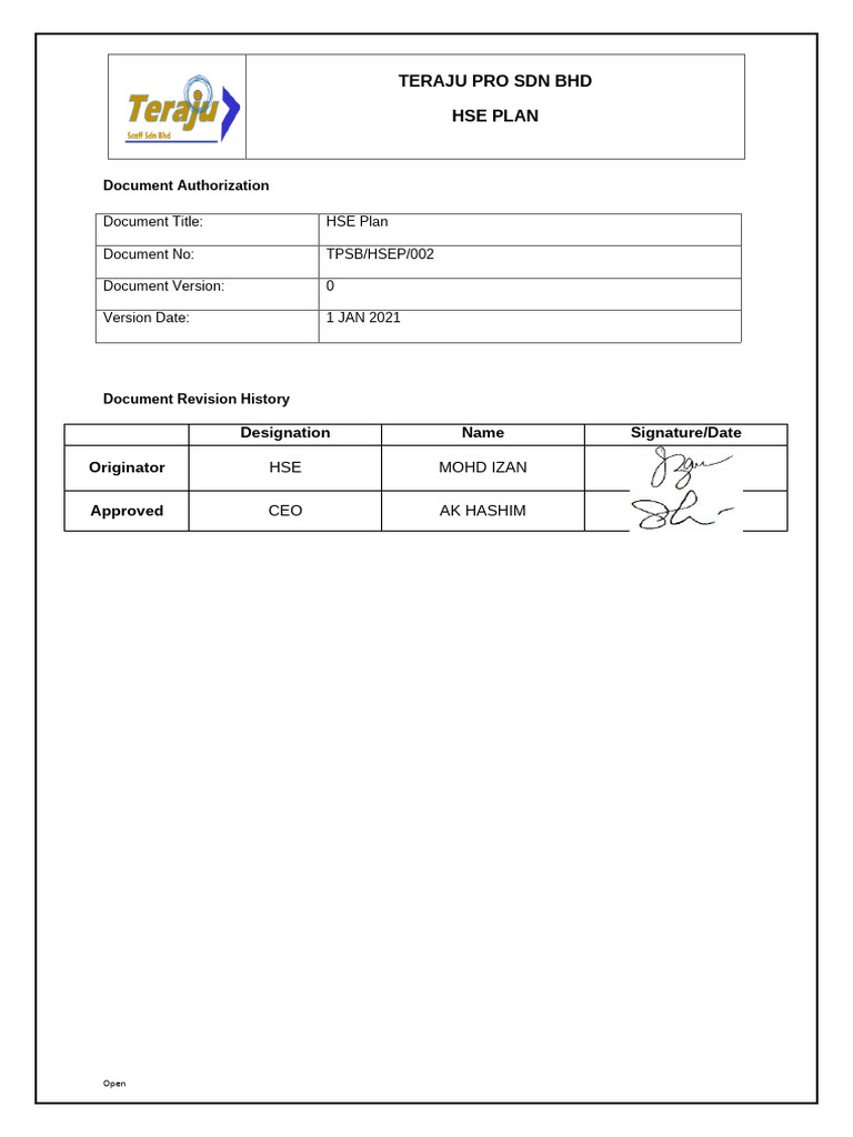 Hse Plan Teraju 2021 | PDF | Risk | Safety