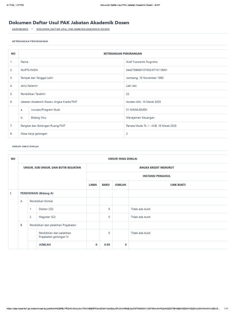 Dokumen Daftar Usul PAK Jabatan Akademik Dosen - SIAP | PDF