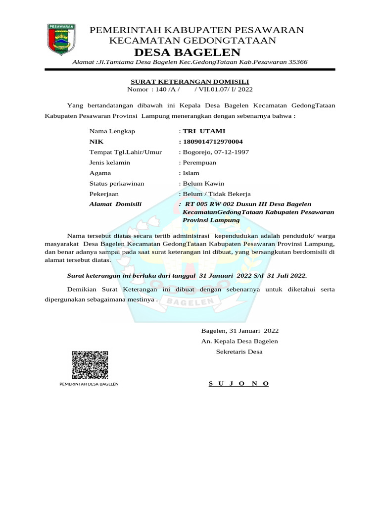 SK DOMISILI Tri Utami | PDF