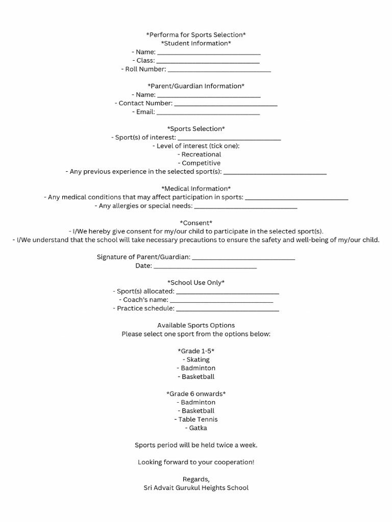 Performa For Sports Selection Student Information - Name - 20250407 ...