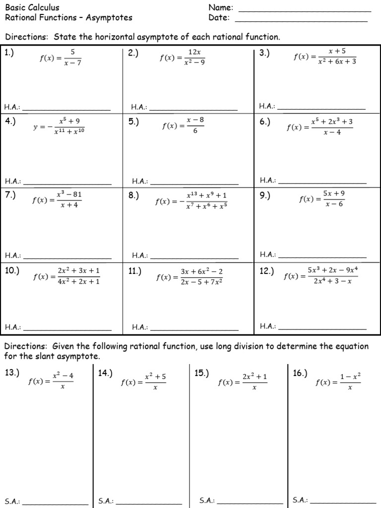 Asymptotes in Rational Functions Worksheet | PDF | Asymptote ...
