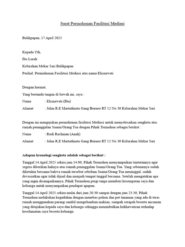 Surat Permohonan Fasilitasi Mediasi | PDF