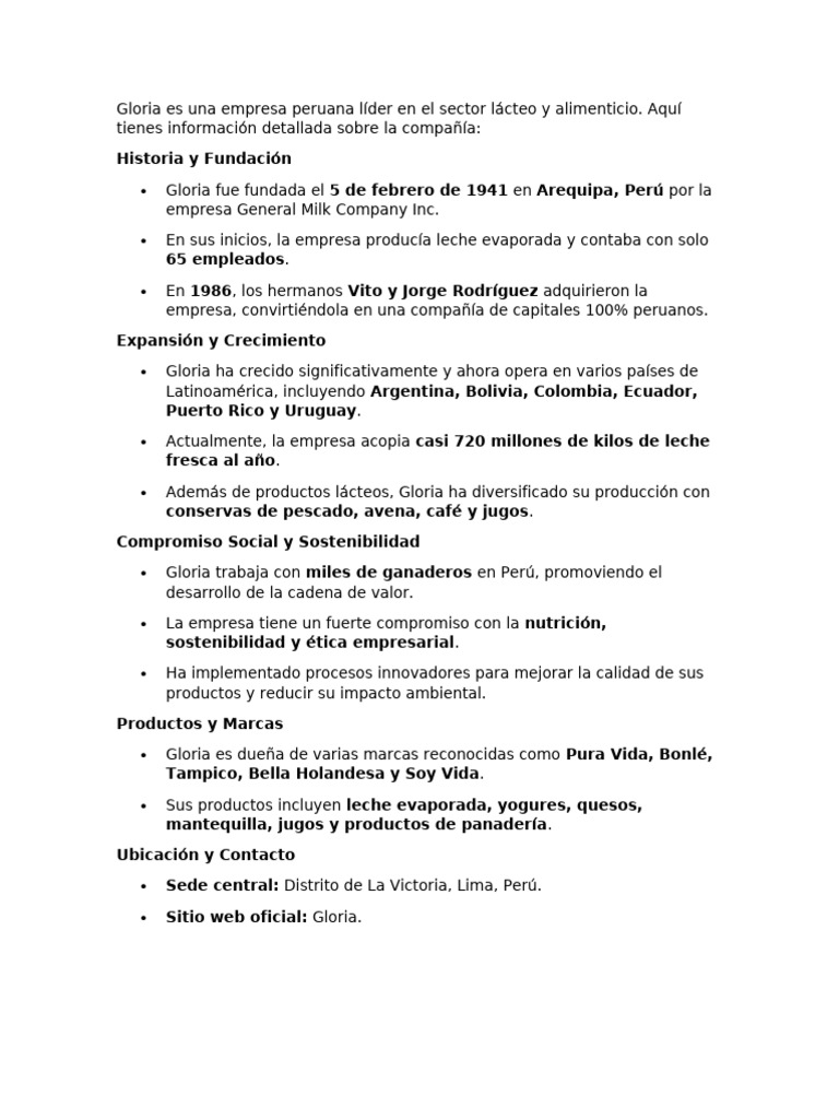 Gloria: Líder Lácteo en Perú y Latinoamérica | PDF