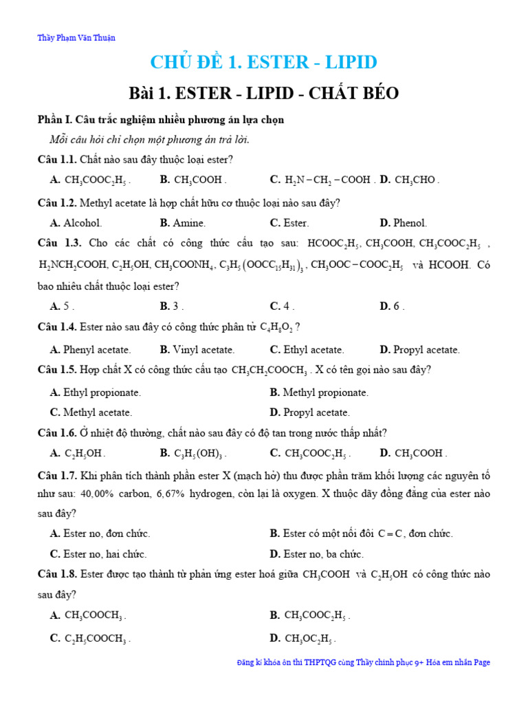 TỔNG ÔN 1. ESTER - LIPID | PDF