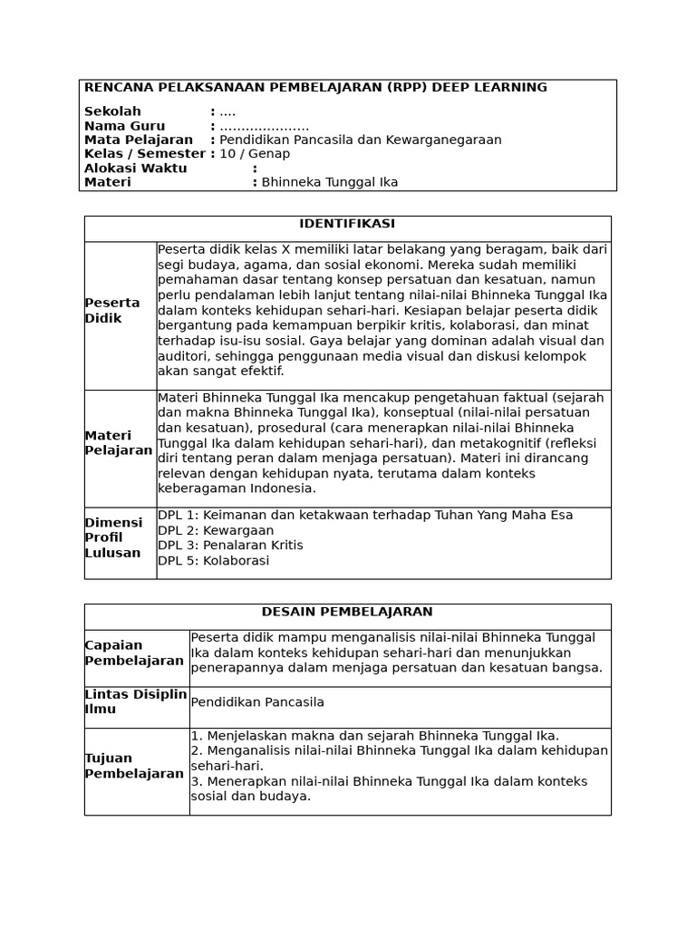RENCANA PELAKSANAAN PEMBELAJARAN Deep Learning Kls 10 | PDF