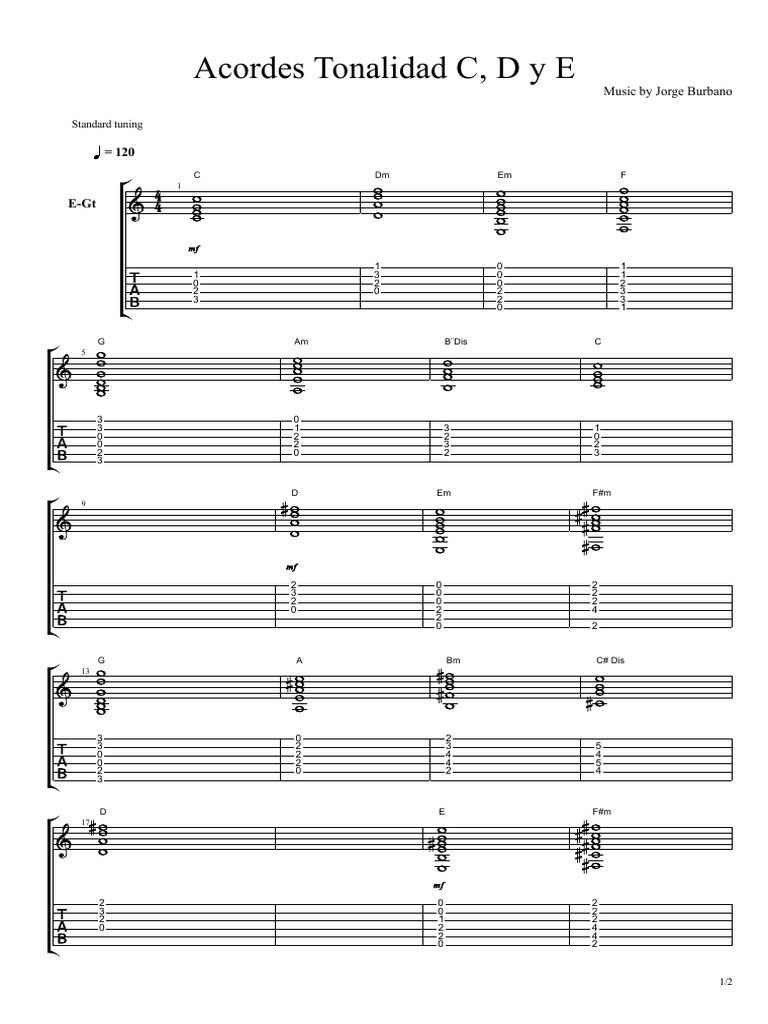 Acordes Tonalidad C, D y E | PDF