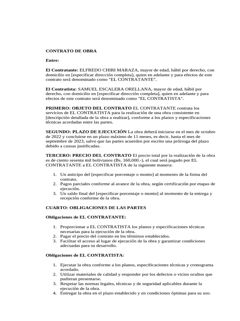 Contrato de Obra entre Chiri y Escalera | PDF