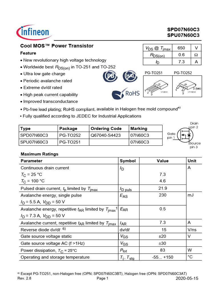 Infineon SPD07N60C3 DataSheet v02 - 08 EN | PDF | Electrical Engineering | Electricity