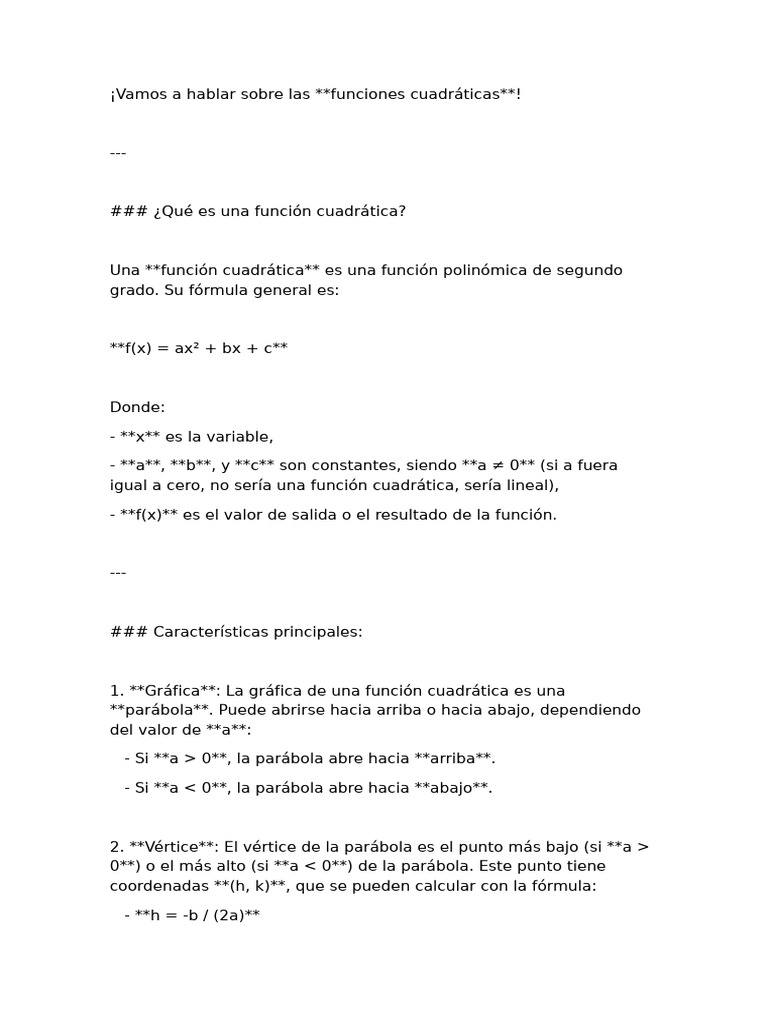 Funciones Cuadráticas: Fórmulas y Características | PDF | Matemática ...