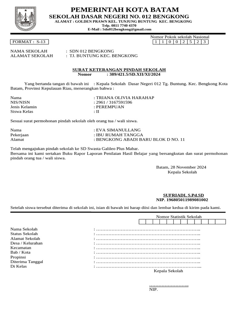 SURAT PINDAH SISWA 2024-2025 389 | PDF