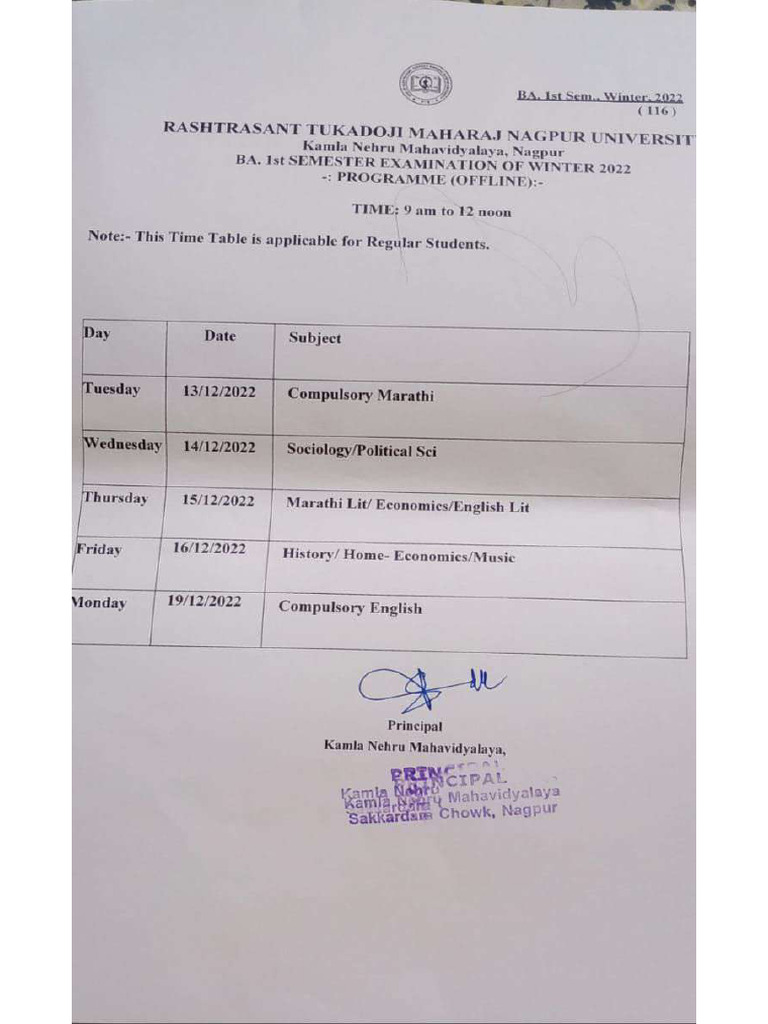 Time Table Winter 2022 Arts | PDF