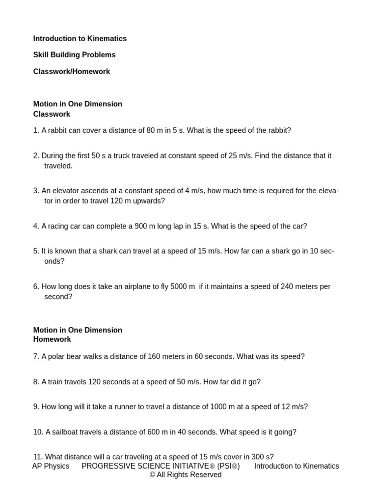 Ap Phys1 - Kinematics 1d Skill Building Problems - 2023 09 22 | PDF ...