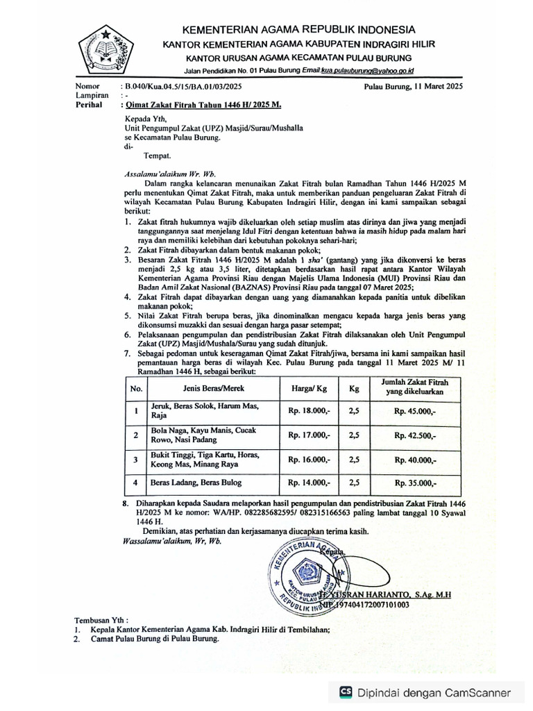 Qimat Zakat Fitrah 2025 KUA Pulau Burung | PDF