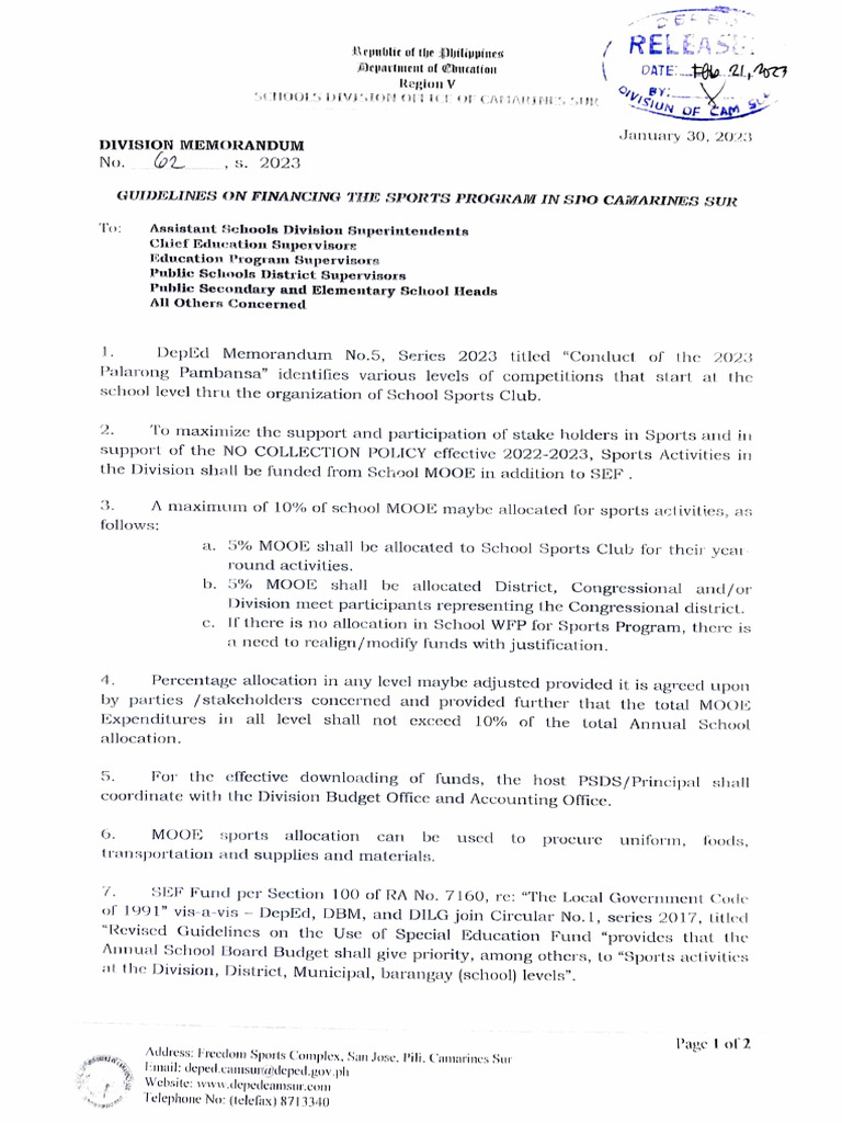 Division Memo No. - 62 - S. - 2023 - Guidelines in Sports Financing in ...