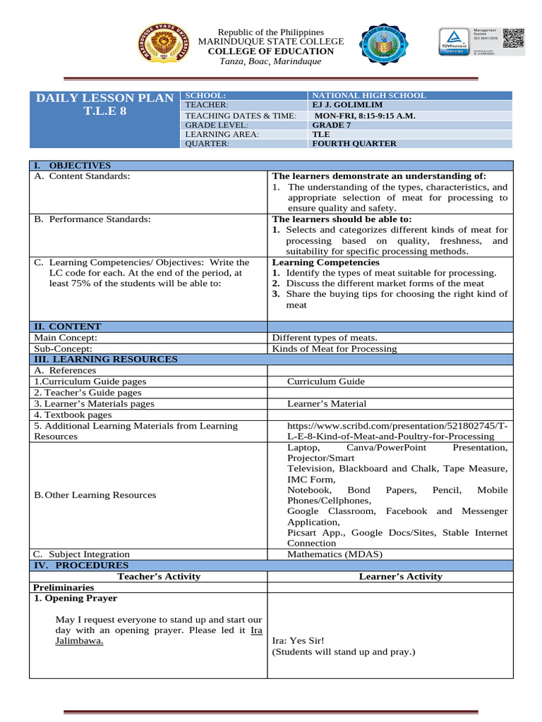 ttl LESSON PLAN | PDF | Meat | Animal Products