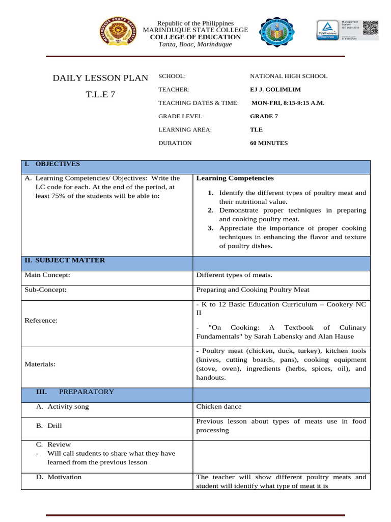 ttl 4a lesson plan docx | PDF | Turkey Meat | Cooking