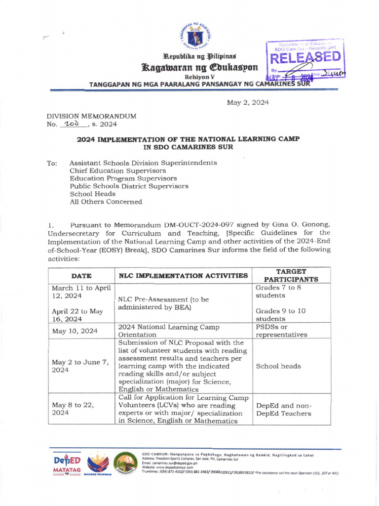 DM No. 200 - S 2024 - Implementation of NLC Sy 2023-2024 | PDF