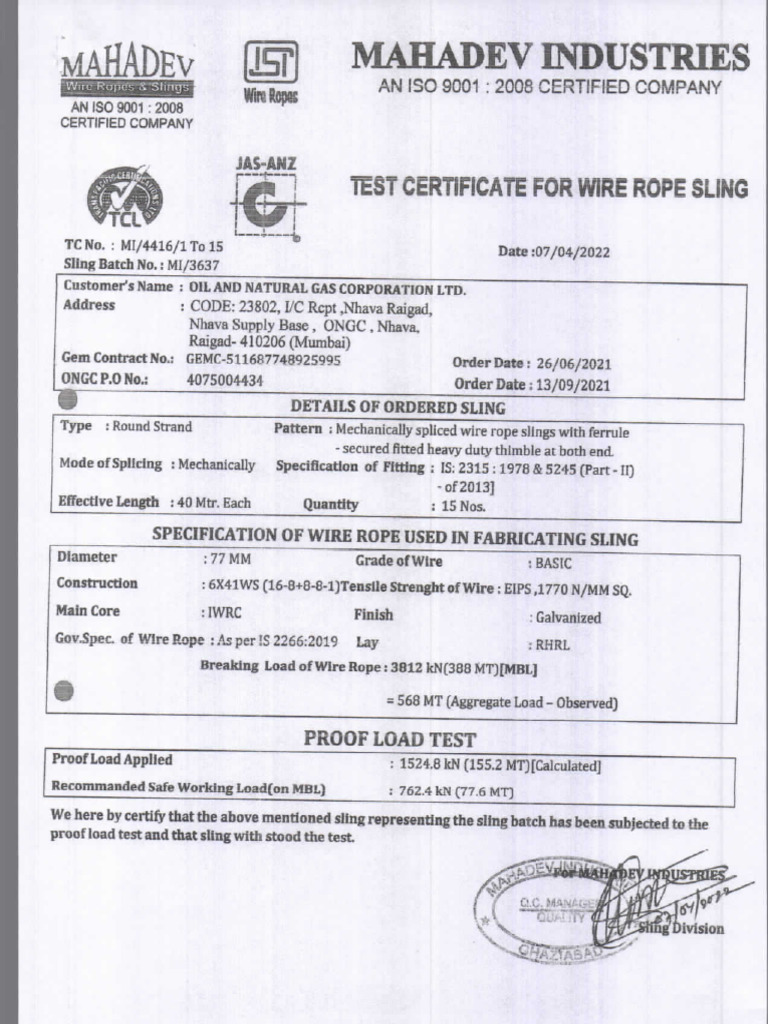 Wire Rope Cert | PDF