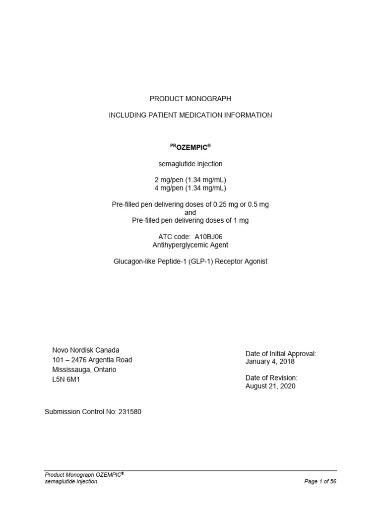 Ozempic Product Monograph | PDF | Diabetes Management | Dose (Biochemistry)