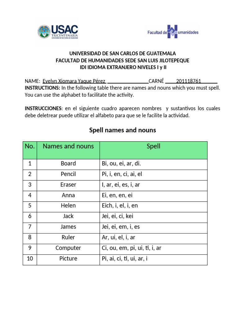 Actividad No. 1 Spell names | PDF