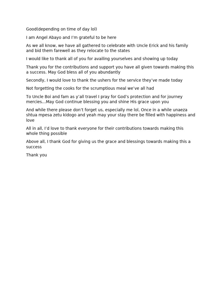 Farewell Speech for Uncle Erick's Family | PDF