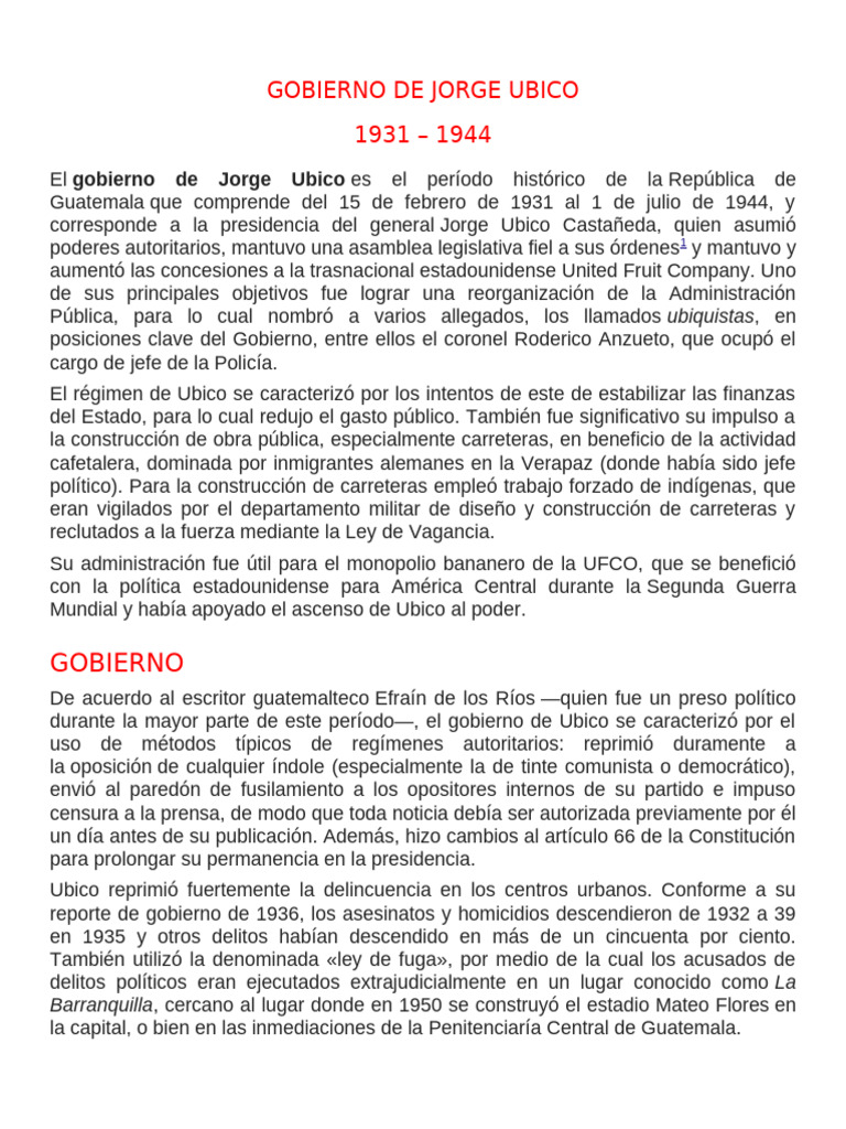 Gobierno de Jorge Ubico y Contrarevolución | PDF