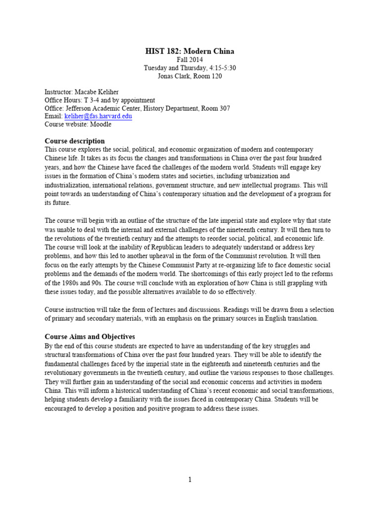 1 Modern China Syllabus Revised Nov | PDF | Kuomintang | Mao Zedong