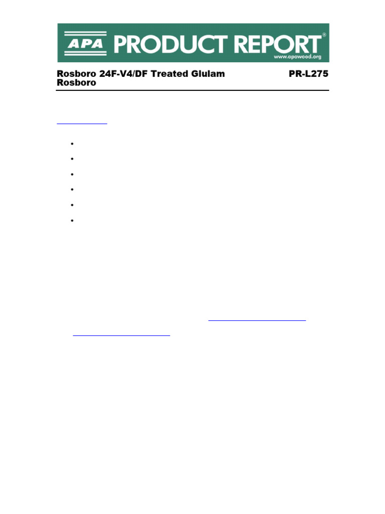 APA PR-L275 Rosboro 24F-V4 Treated Glulam | PDF | Beam (Structure ...