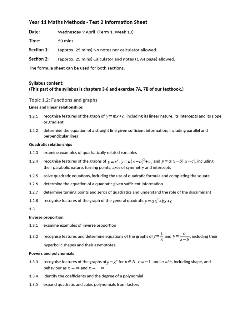 2025 11 Methods Test 2 Outline | PDF | Function (Mathematics ...