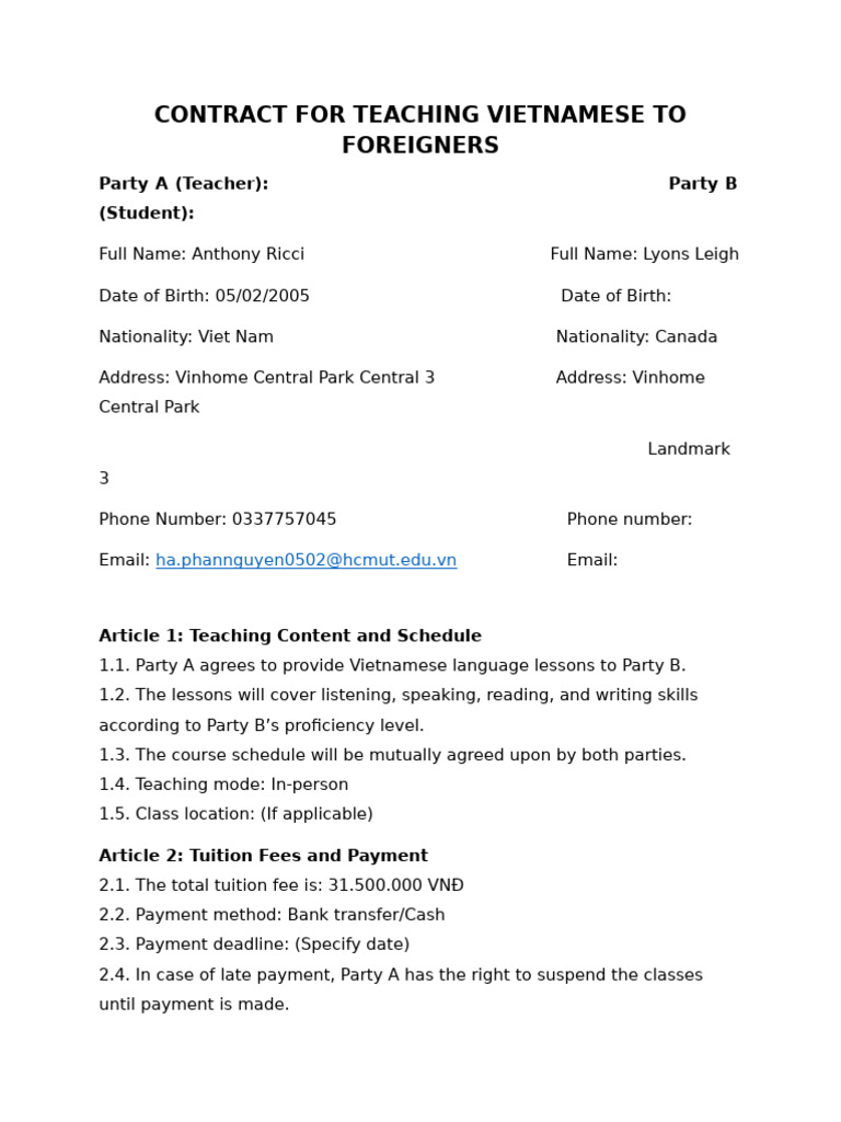 Contract For Teaching Vietnamese To Foreigners | PDF